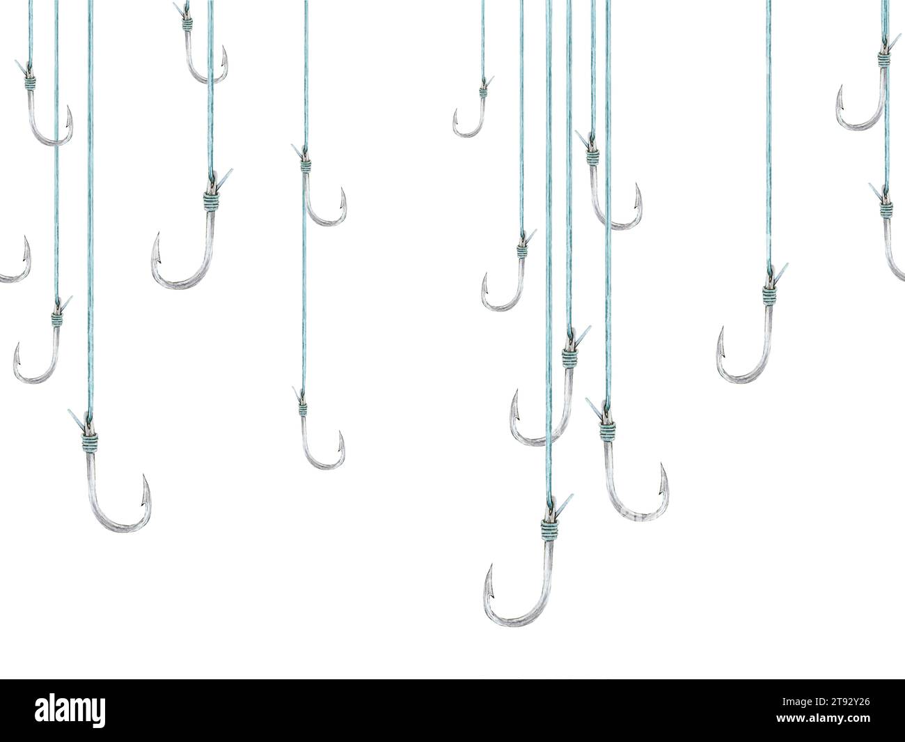 Fishhooks on fishing lines seamless border. Watercolor drawing of sharp ...