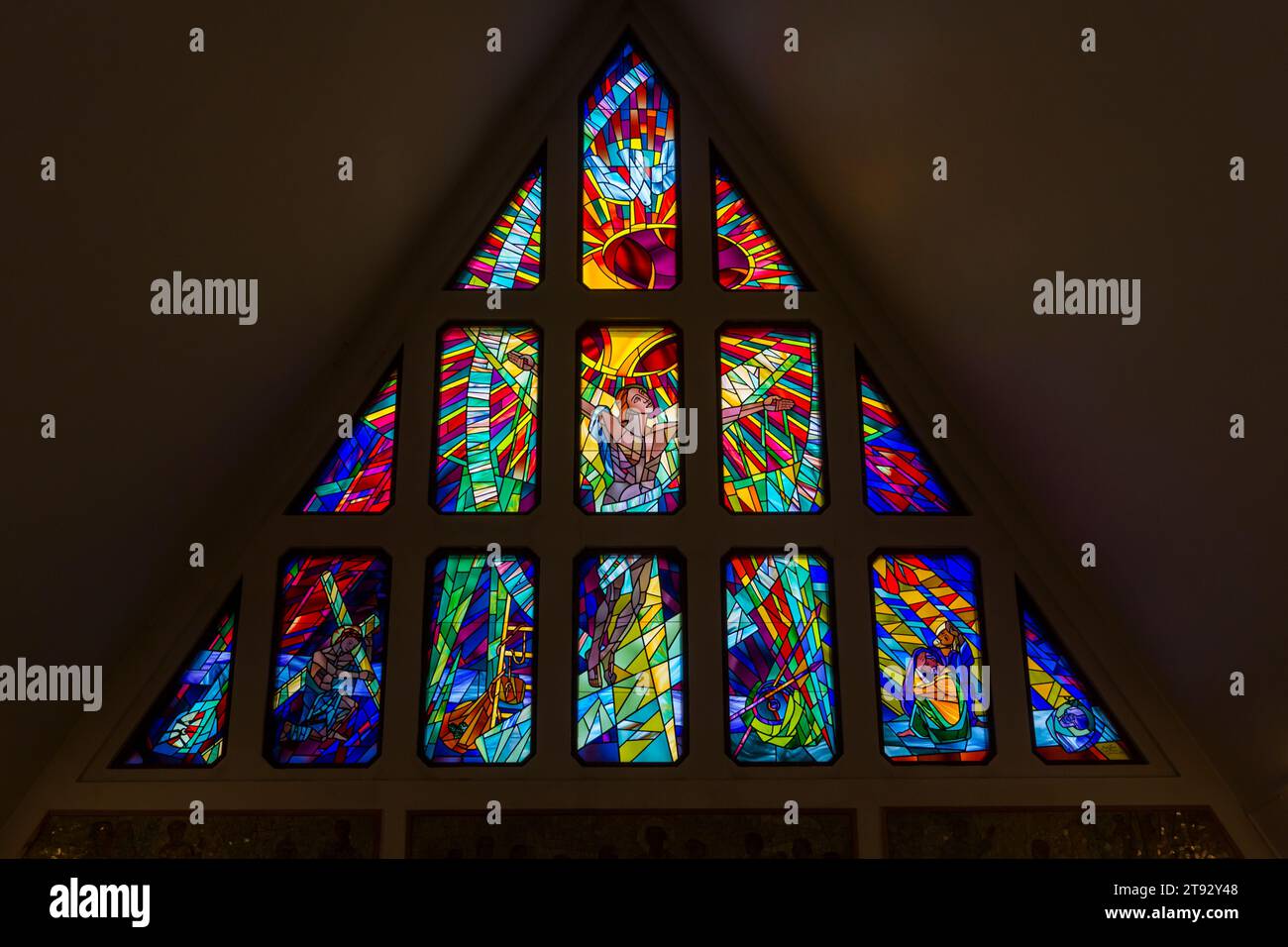 Colourful stain glass window in Hammerfest church at Hammerfest, Norway ...
