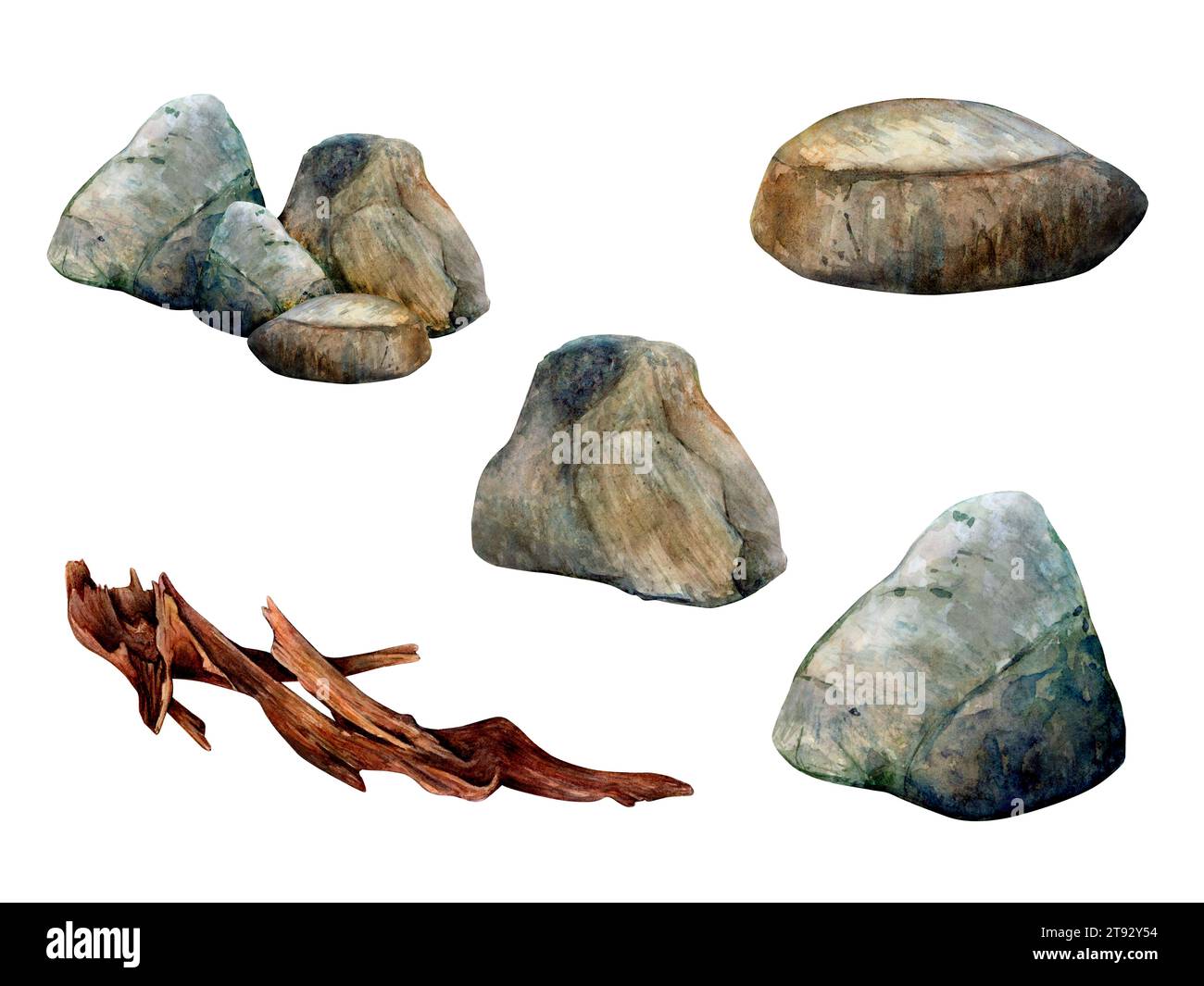Stones smooth and log set from seascape. Watercolor drawiing of river ...