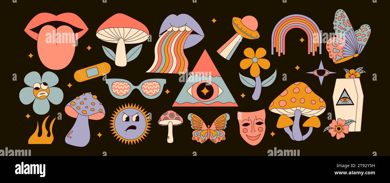 Vintage hippy style elements. Mushrooms, sun, flower, lips, eyes ...