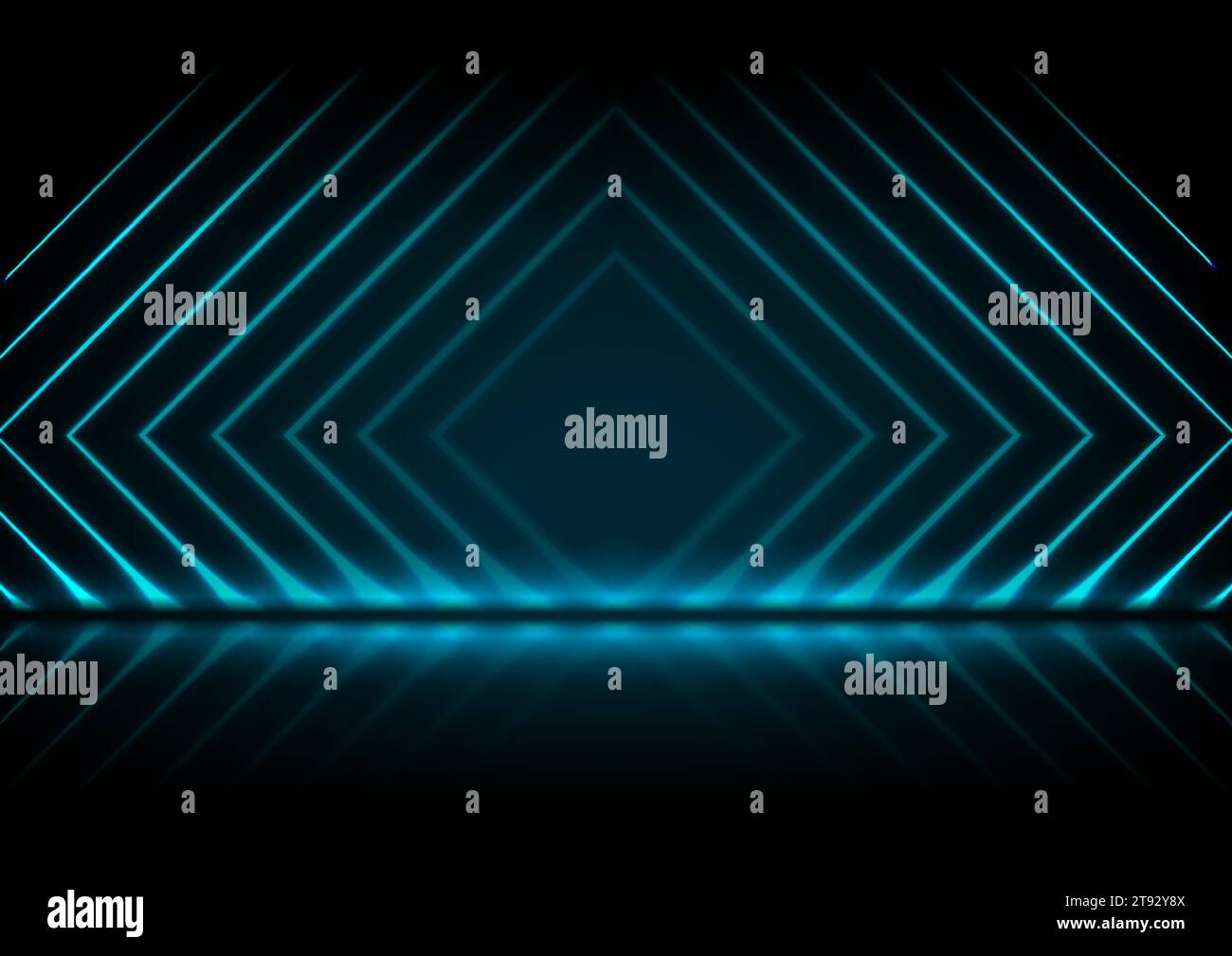 Dark blue neon laser squares with reflection. Abstract technology ...