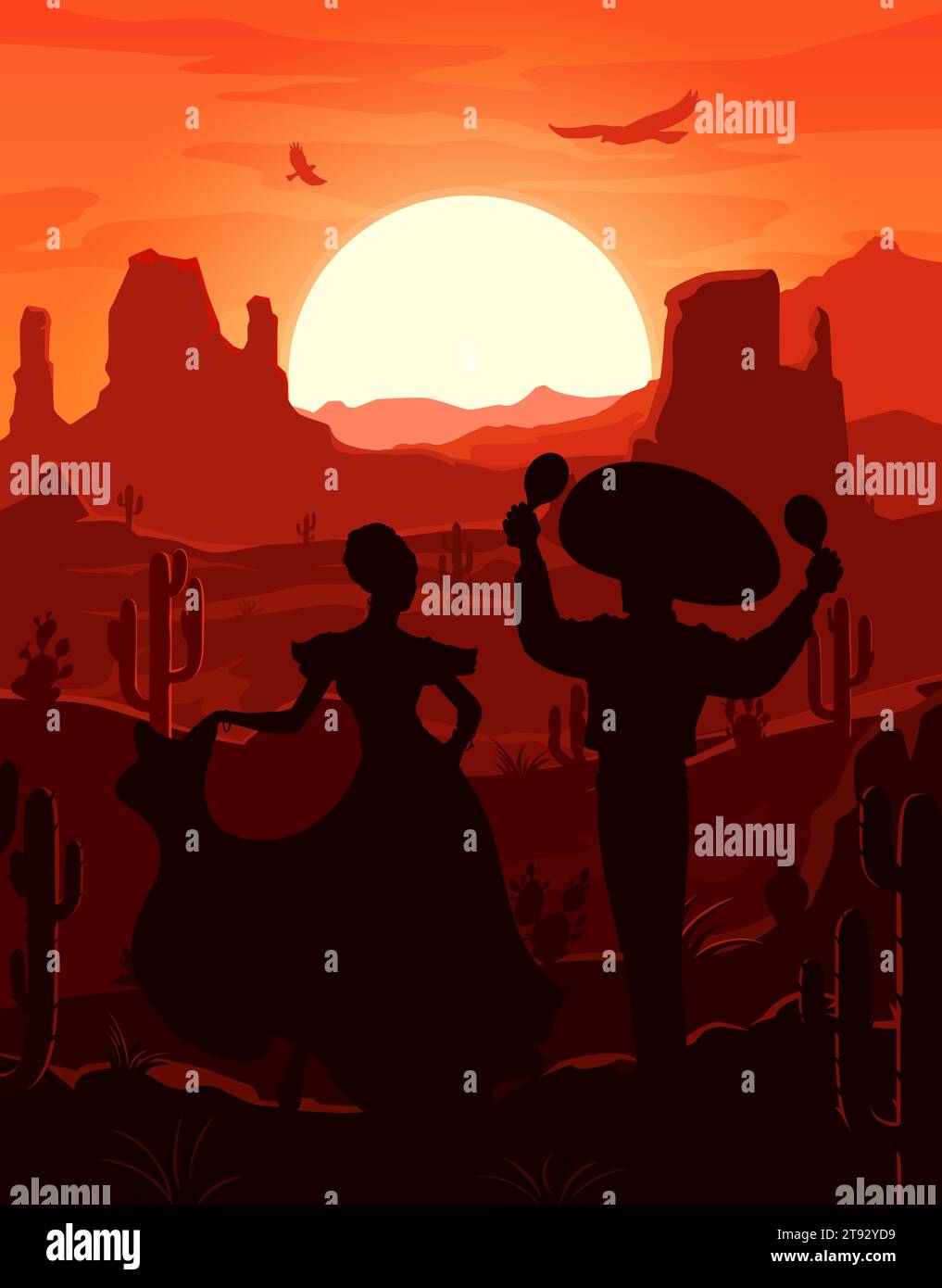 Mexican desert sunset landscape with silhouettes of cowboy and dancing ...