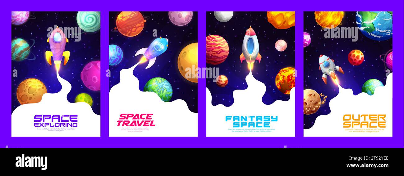Space exploring and travel posters. Rocket spaceship, galaxy planets ...