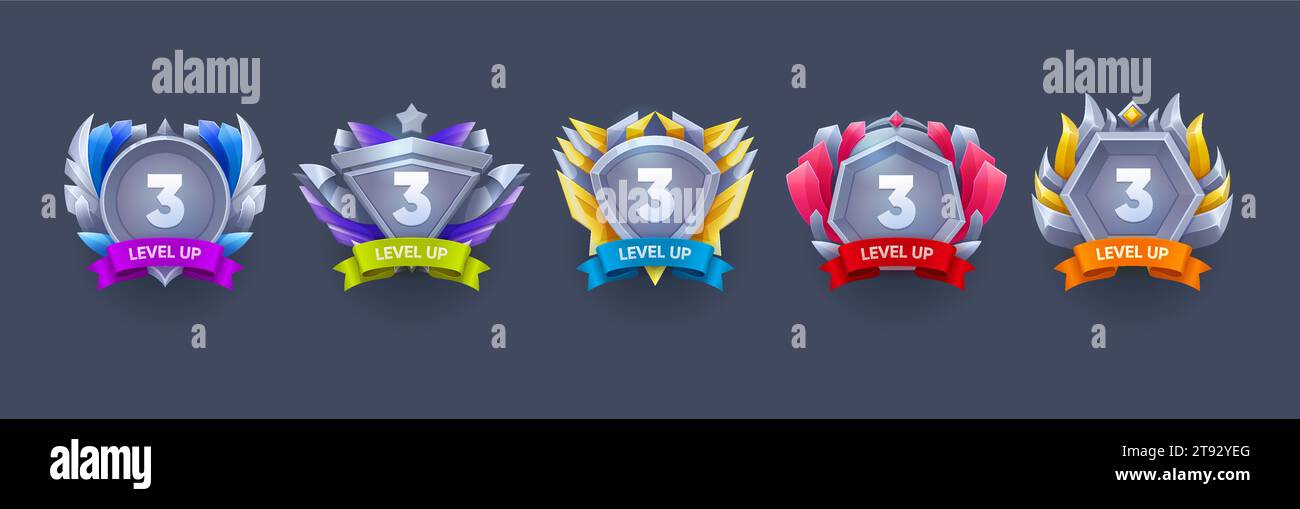 Game level up and win metal badges. Arcade level up prize, gambling app ...