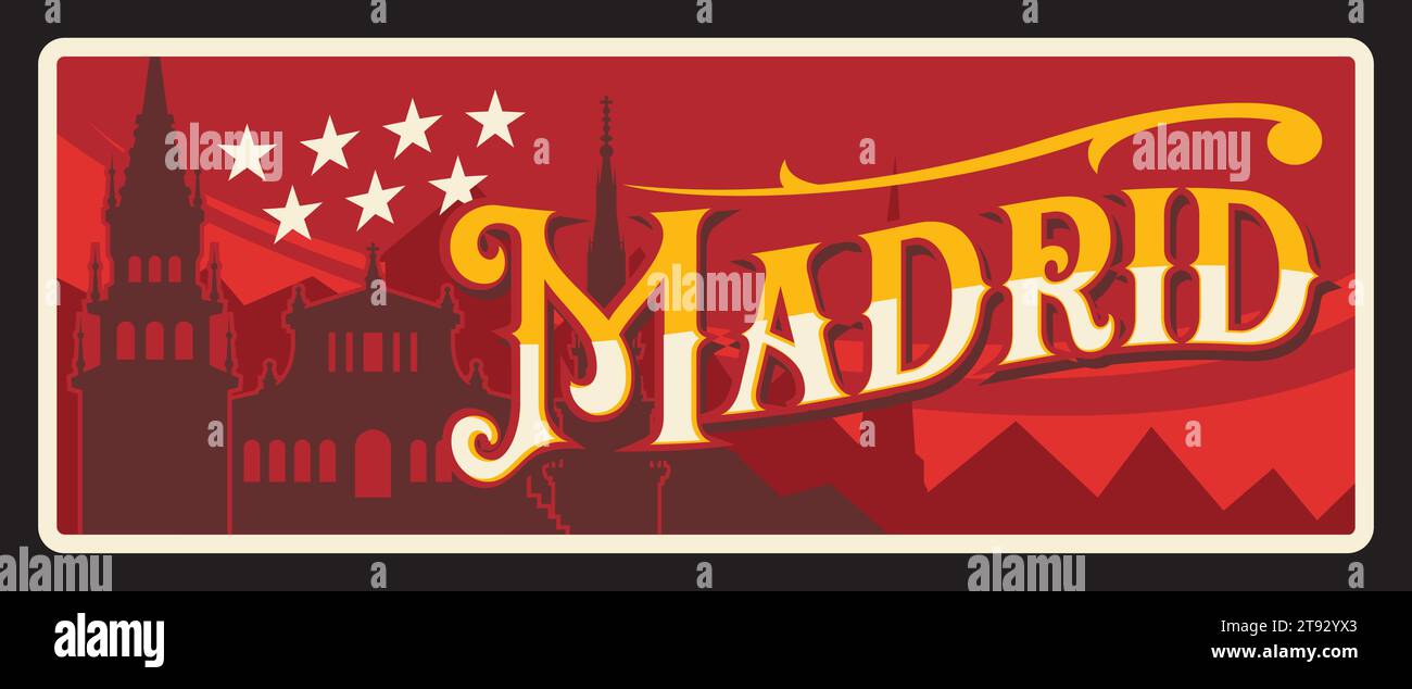 Spain Madrid metal plate vector retro tin sign with city silhouette ...