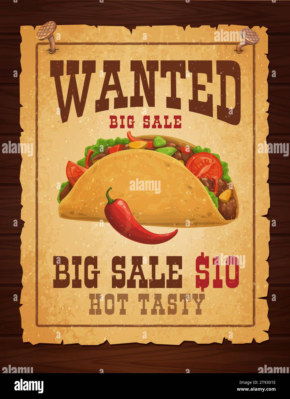 Western wanted poster with Mexican burrito for Tex Mex cuisine menu ...