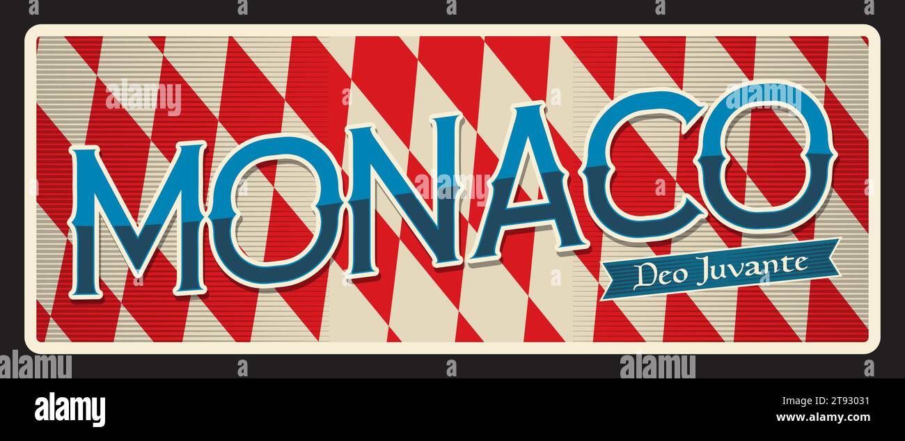Monaco sovereign city state in France. Vector travel plate, vintage tin ...