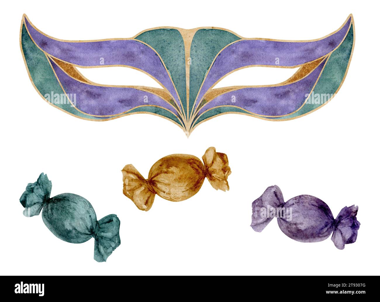 Hand drawn watercolor Mardi Gras carnival symbols. Theater masquerade ...