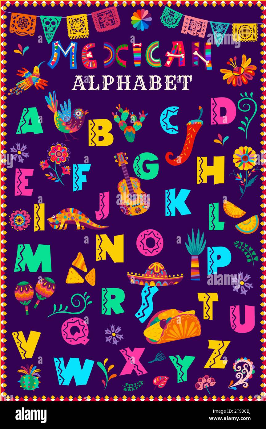 Mexican font, hispanic type, ethnic typeface, cartoon english alphabet ...