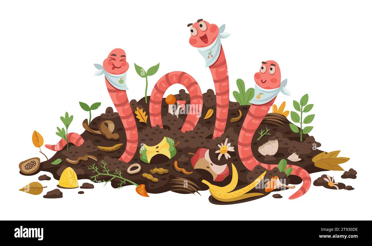 Cartoon funny earth worm characters eating compost or bio organic ...