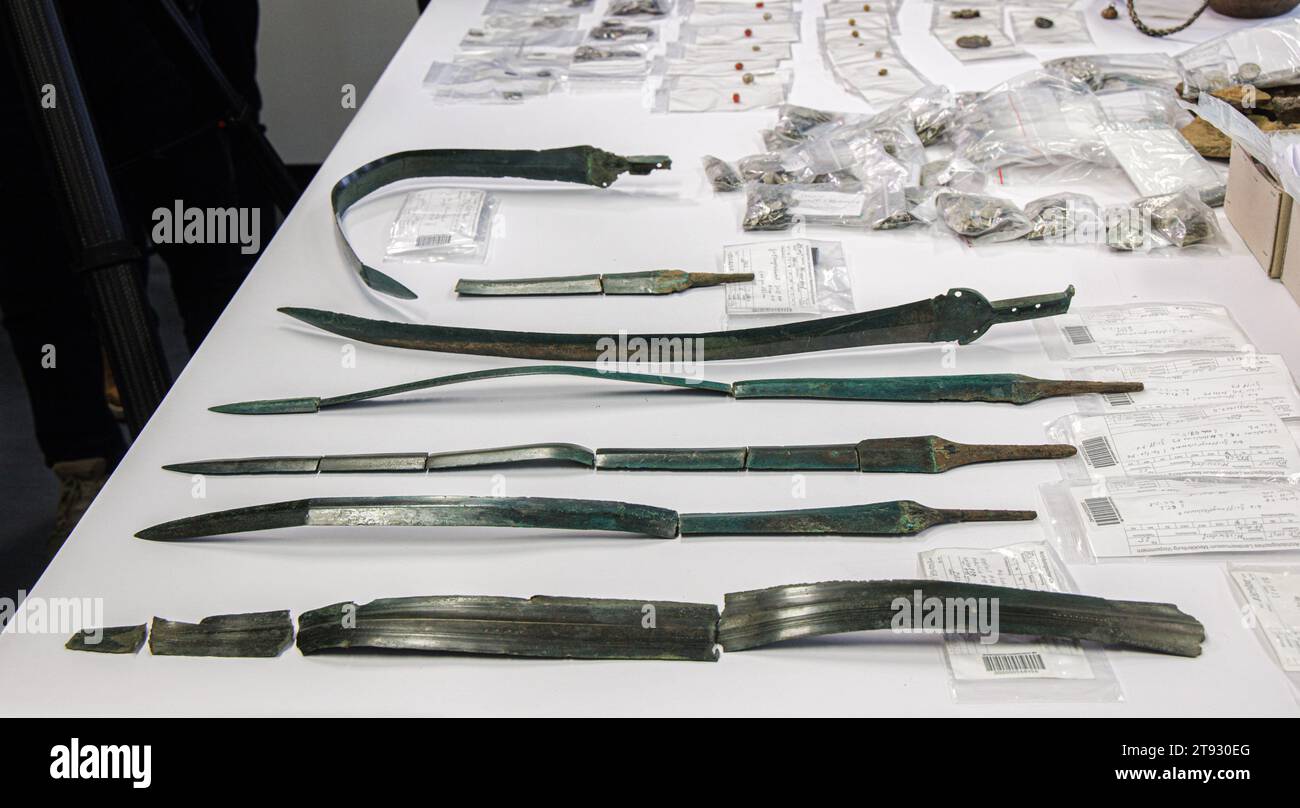 Schwerin, Germany. 22nd Nov, 2023. Seven bronze swords from pre ...