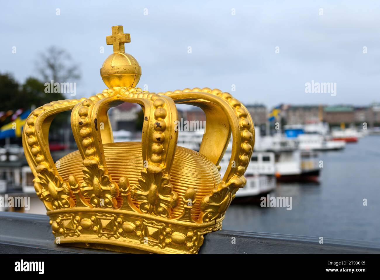 Stockholm, Sweden: Gilded Crown on Skeppsholmsbron bridge Stock Photo ...