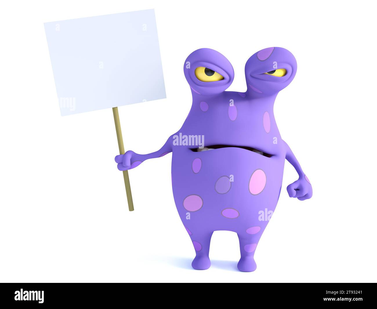A cute charming cartoon monster holding a blank sign and looking very ...