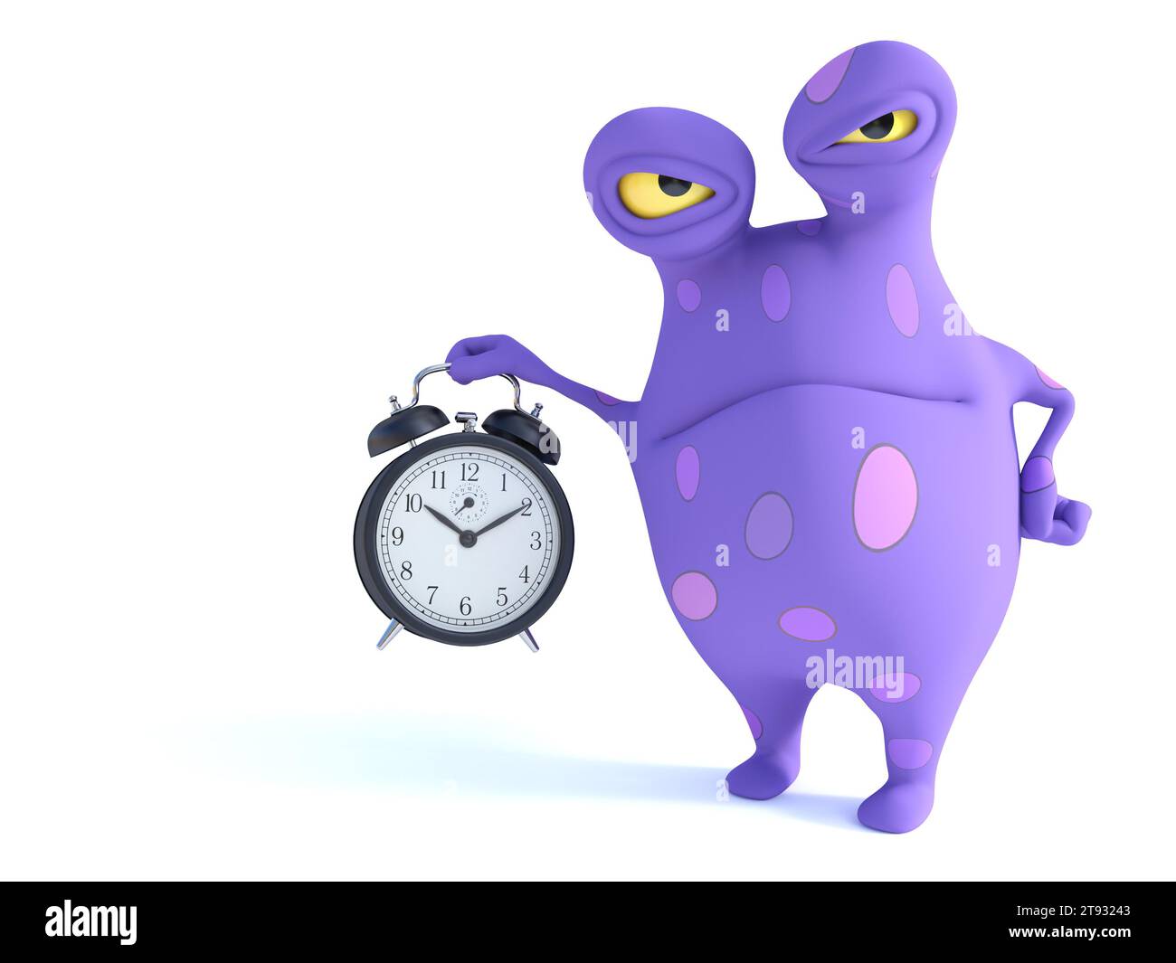 A cute charming cartoon monster holding a big old style alarm clock and ...