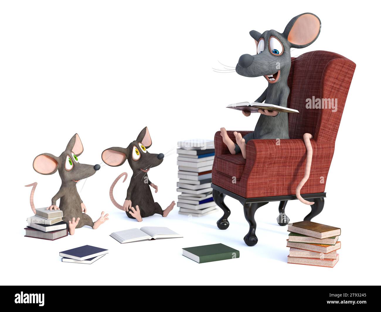 3D rendering of cute smiling cartoon mouse sitting in cosy armchair ...