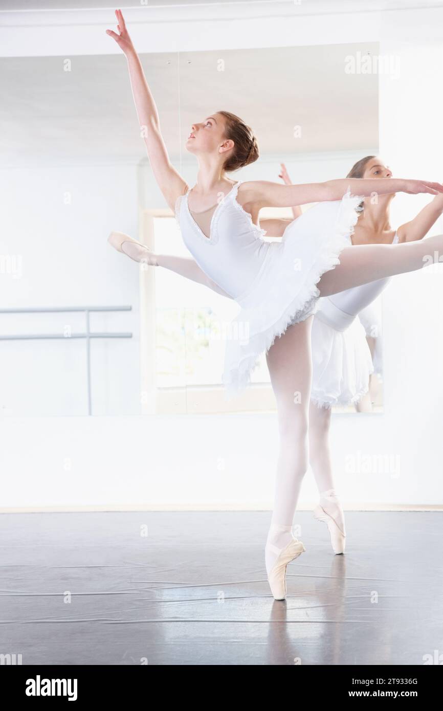 Art, dancing and students in ballet studio with pose, balance and ...
