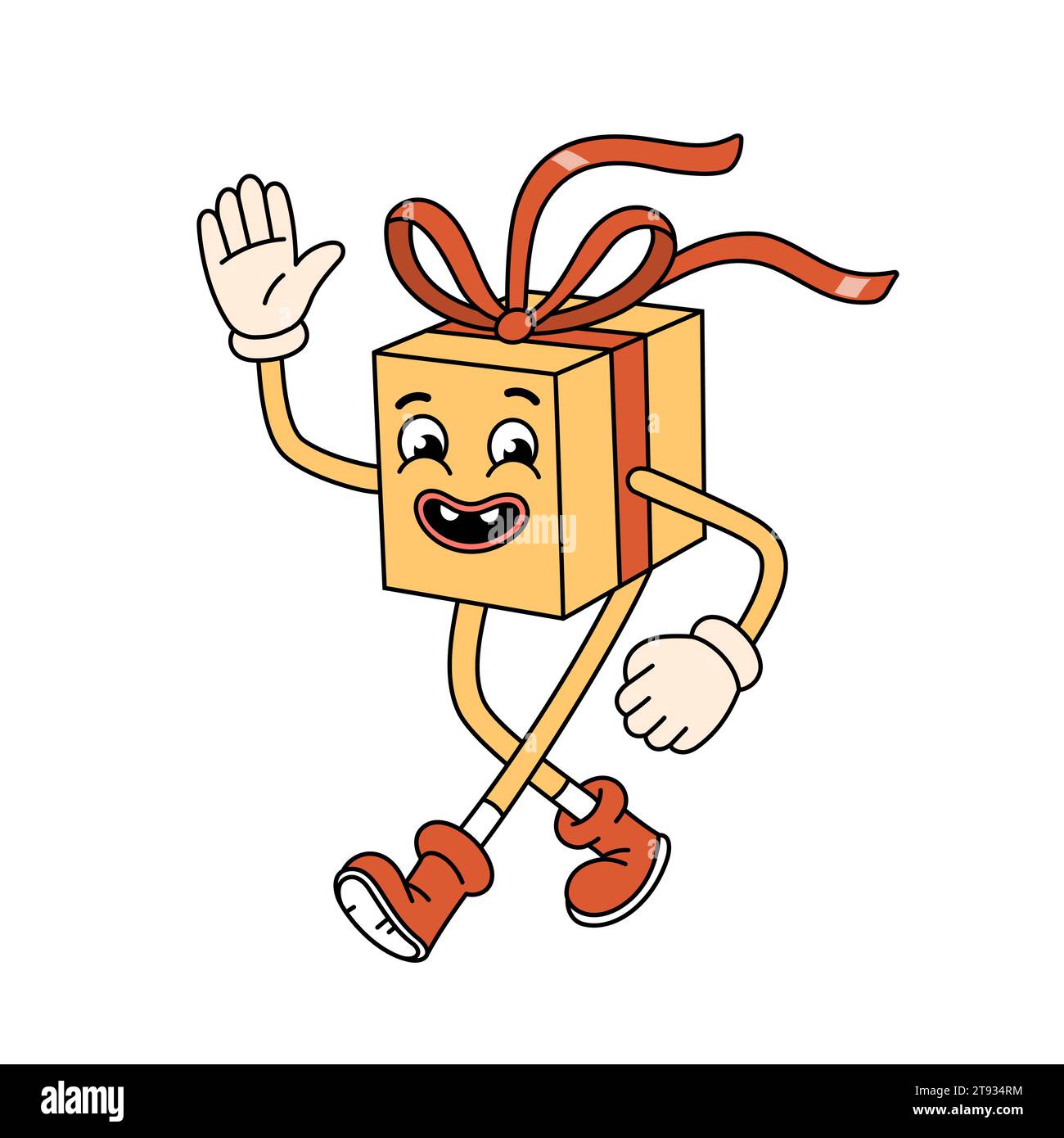 Groovy Christmas gift box character waving hand. Retro groovy cartoon ...