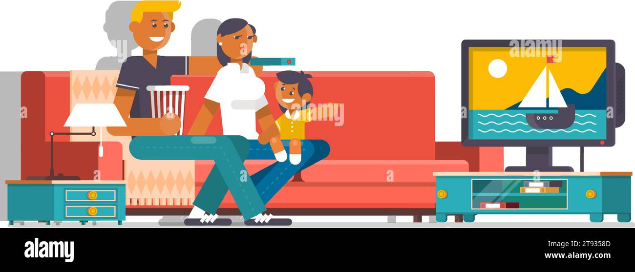 Family watch tv vector living room interior Stock Vector Image & Art ...