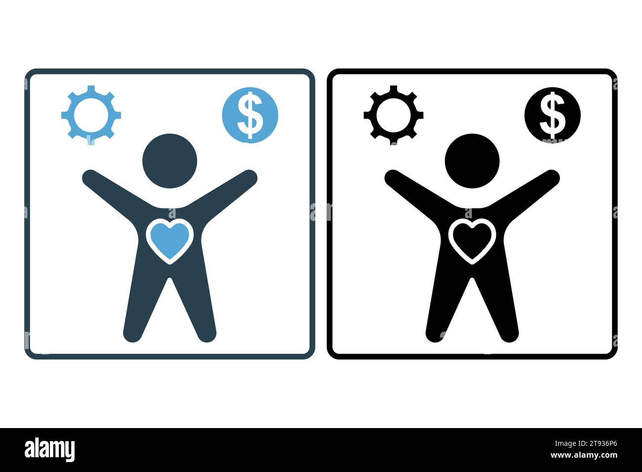wellbeing icon. human with dollar, heart and gear. solid icon style ...