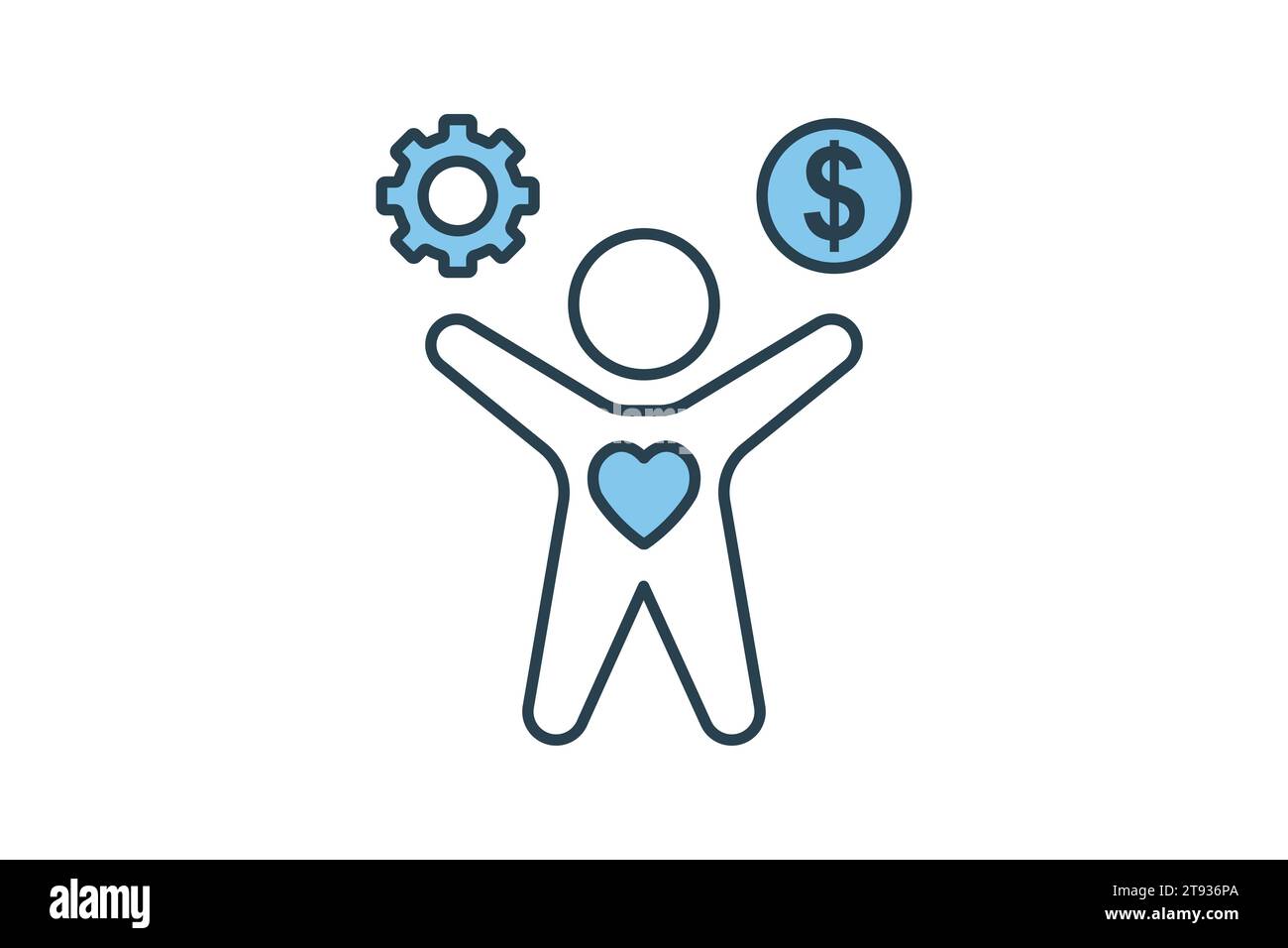 wellbeing icon. human with dollar, heart and gear. flat line icon style ...