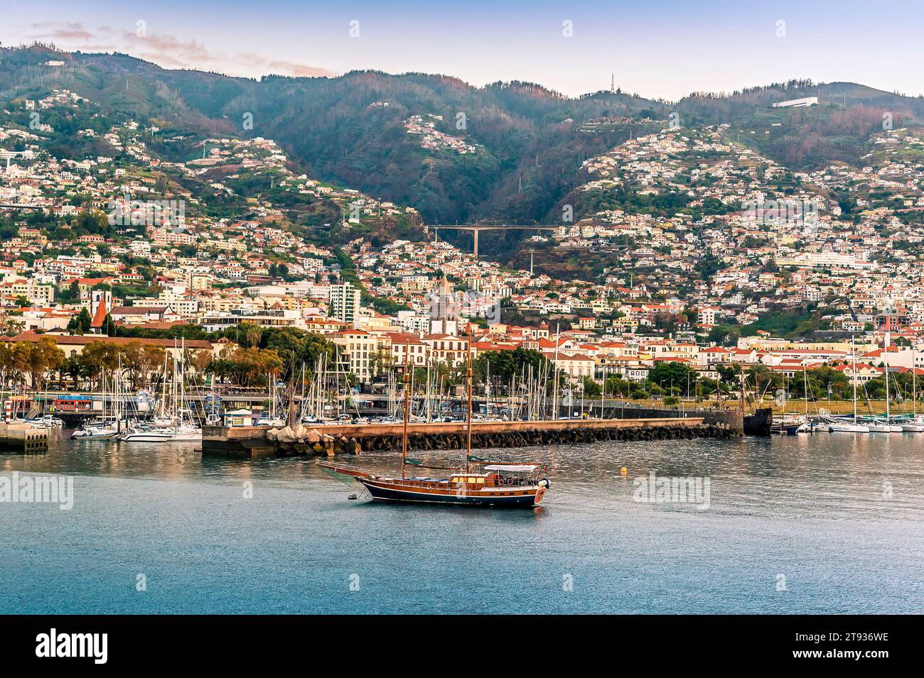 A view of the marina and city of Funchal, Madeira on a sunny morning ...