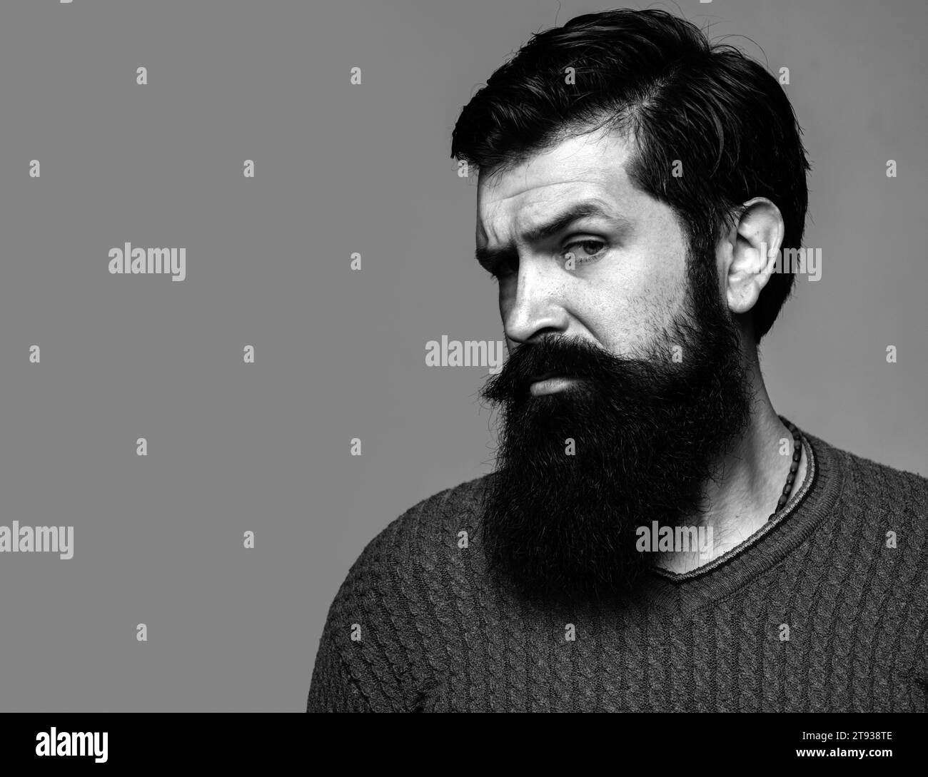 Portrait of confident serious man has beard and mustache, looks seriously, isolated on gray ...