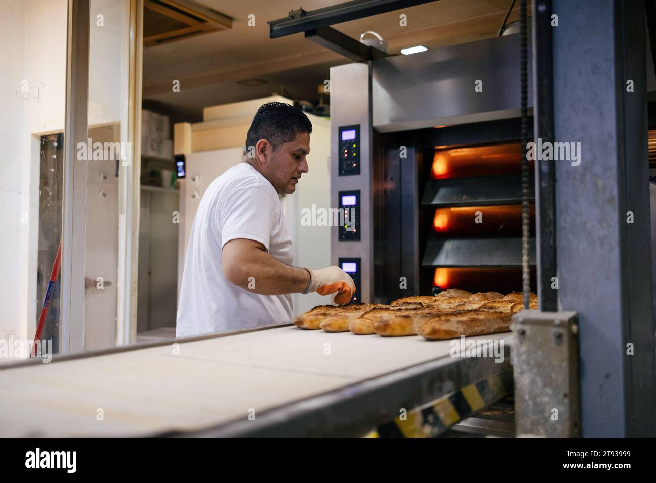 Adult latino baker in white t-shirt ready to take freshly baked loaves ...