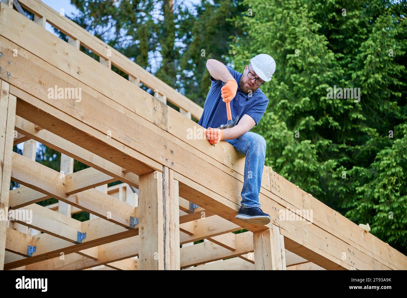 Woodworker is building two-story timber-framed house beside the forest ...