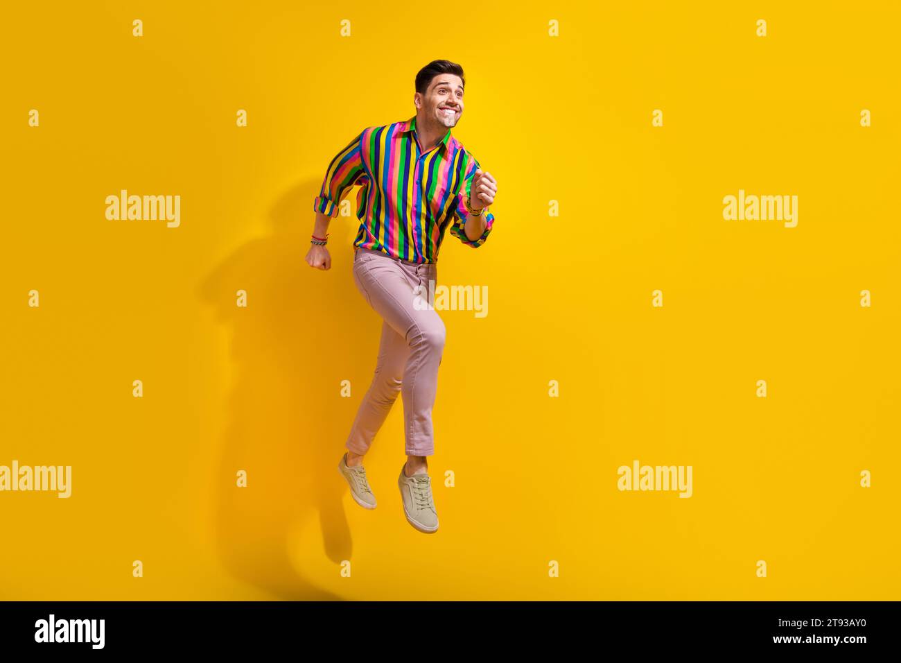 Full body size photo of boyfriend jump hurry up more party after day ...