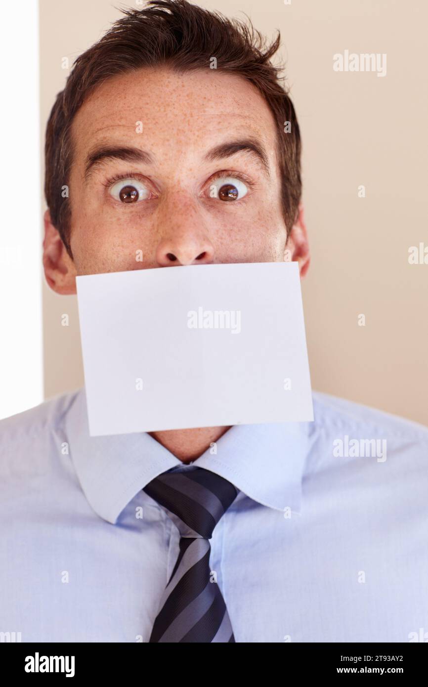 Business man, blank paper and mouth with mock up space, promotion and ...