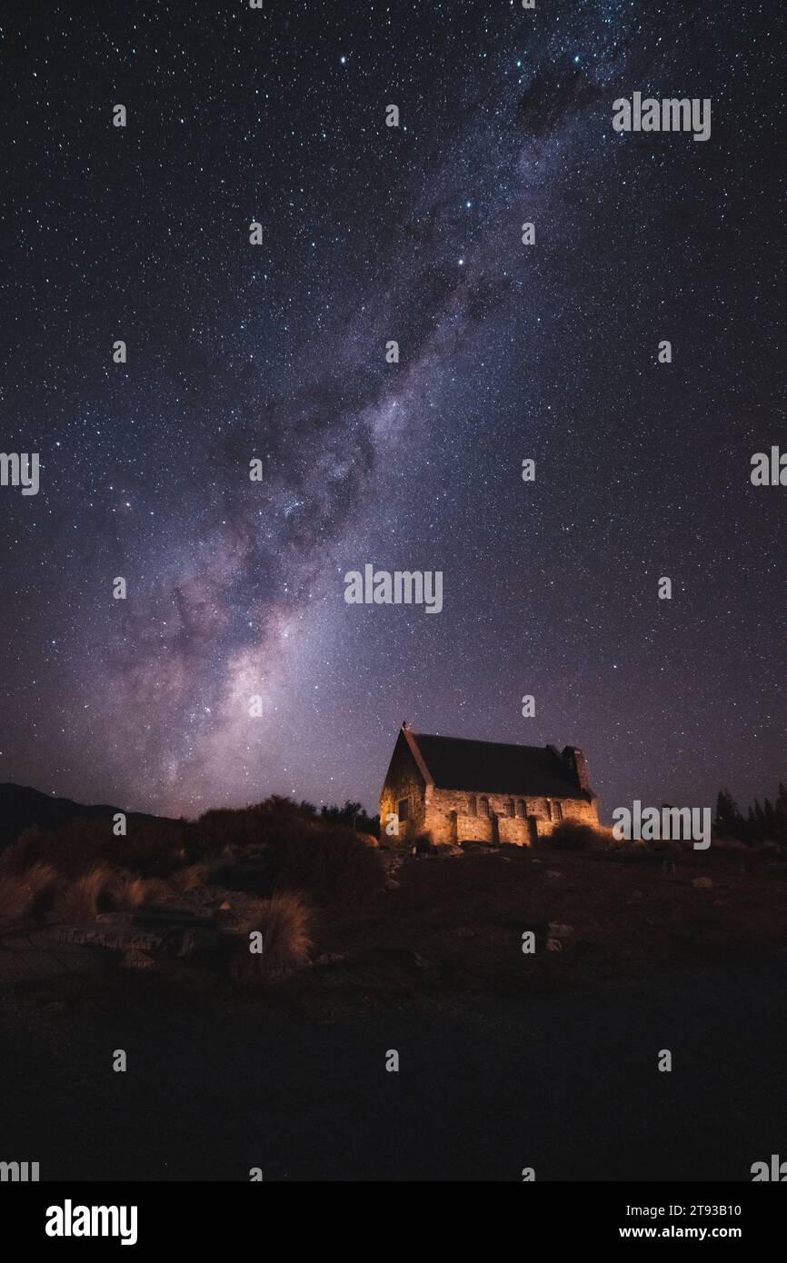 The beautiful view of the night sky with the Milky Way. Lake Tekapo ...