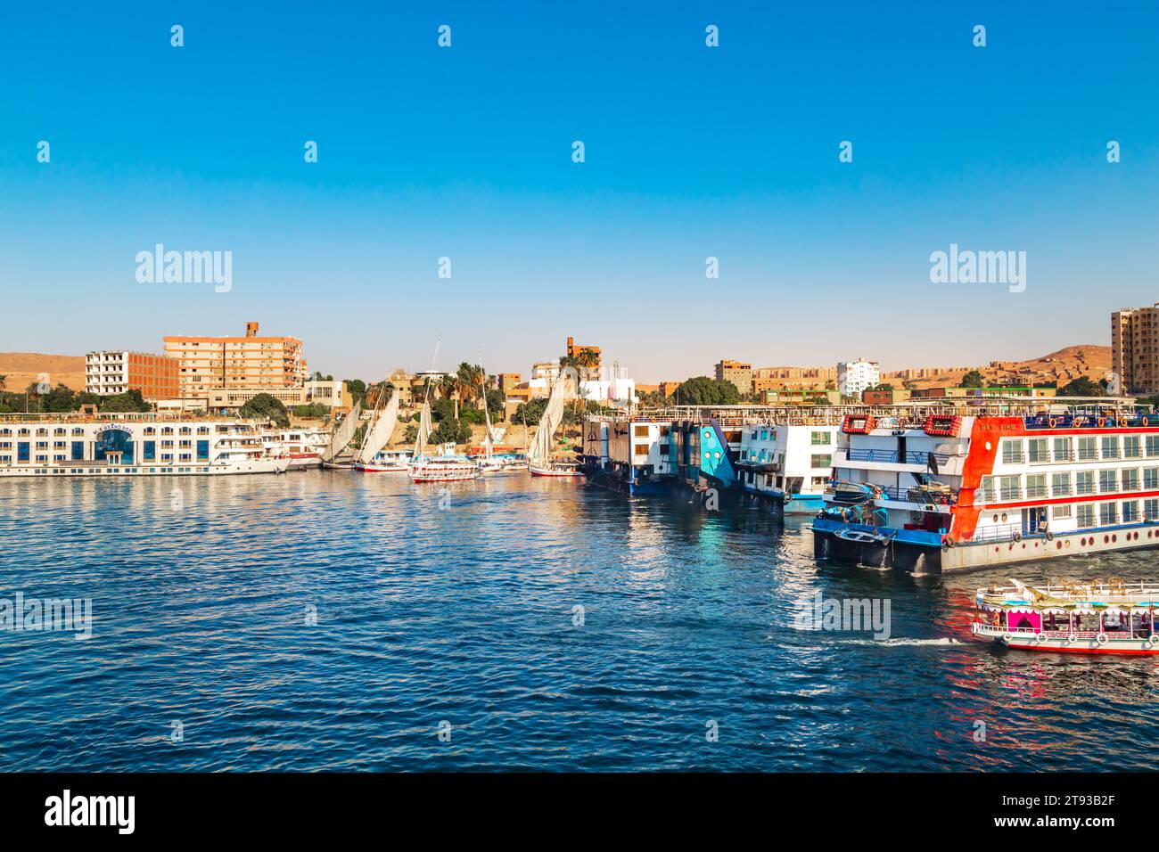 View of the Aswan waterfront from the Nile River. Aswan, Egypt ...