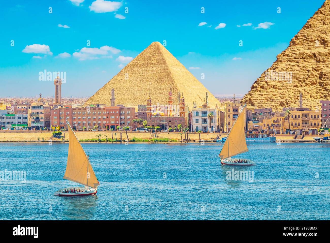 View of the Great Pyramids from the Nile. Cruise on the Nile Stock ...