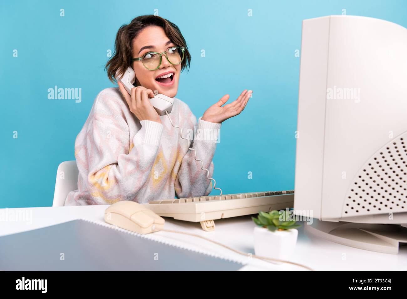 Photo of friendly positive corporate lady speak telephone desktop old ...