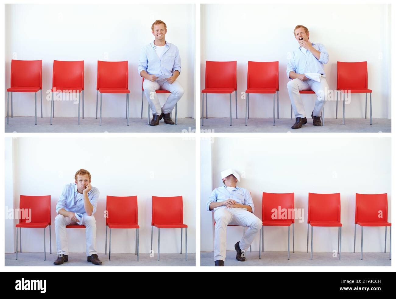 Boring, interview and man in waiting room for a job and collage with ...