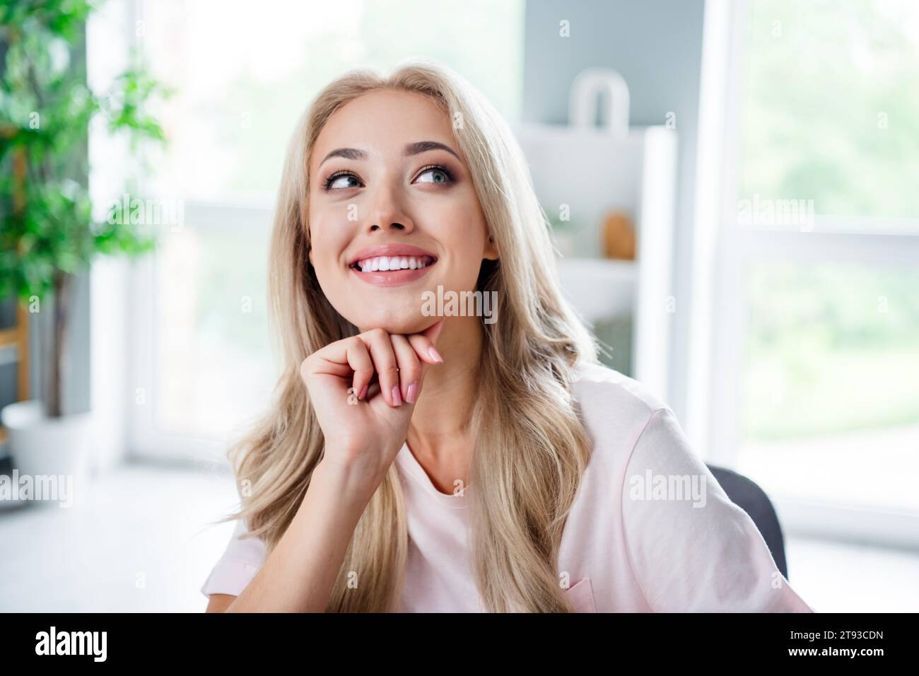 Photo portrait of lovely young lady touch chin create business strategy ...