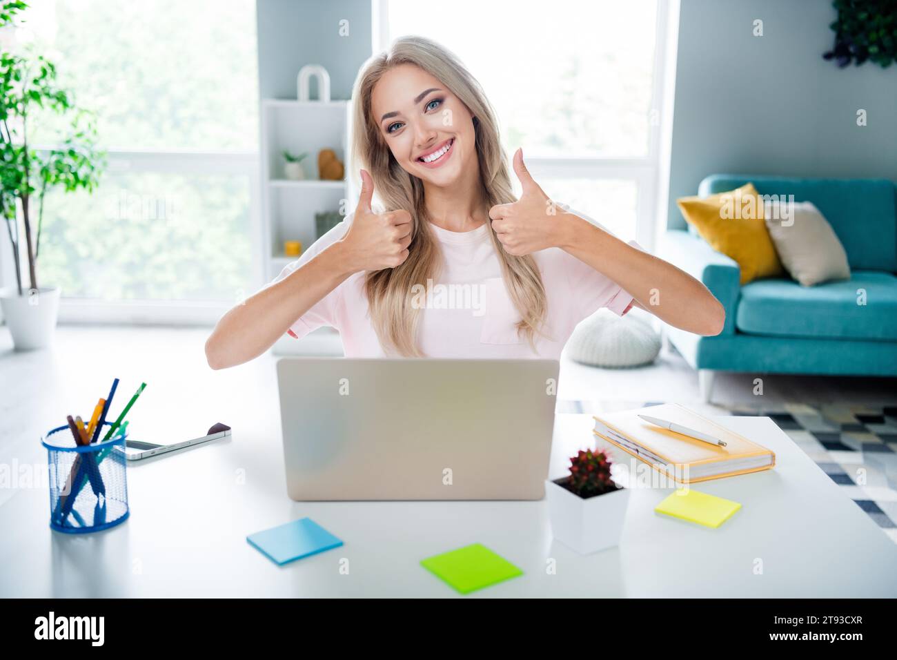 Photo of charming lovely girl hr recruiter working home indoors showing ...
