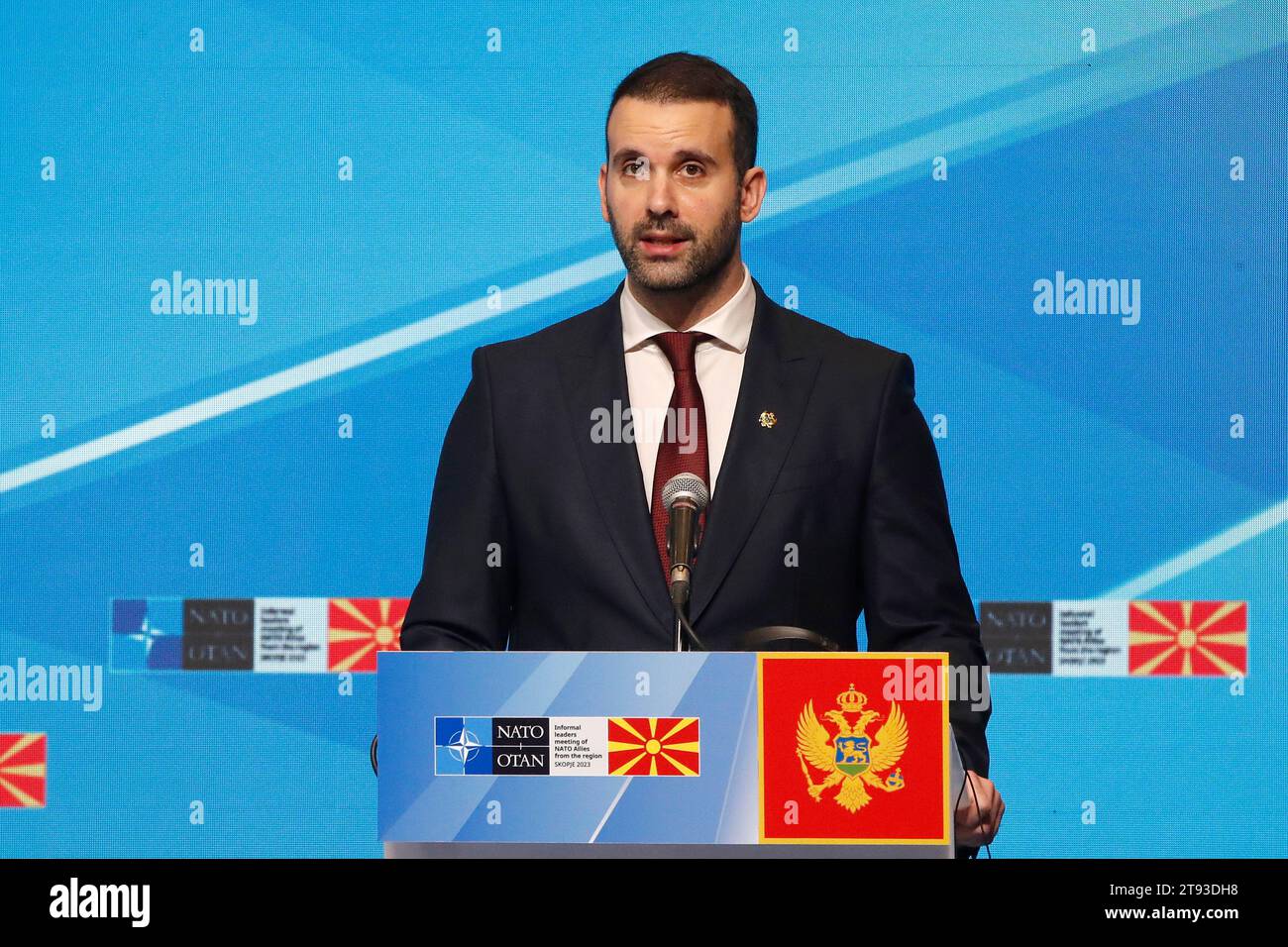 Montenegro's Prime Minister Milojko Spajić speaks to the media at a ...