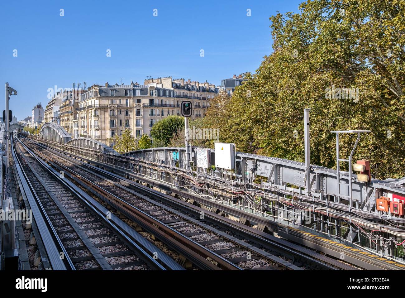 Paris, France - October 8, 2023 : View of the overground metro rails ...