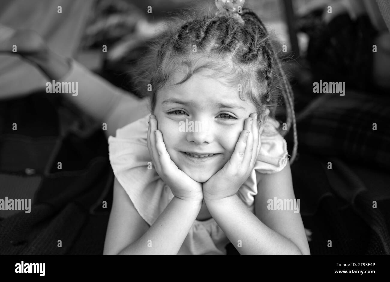 Smiling girl in tent. Kid playing in tent. Kids camping. Having fun ...