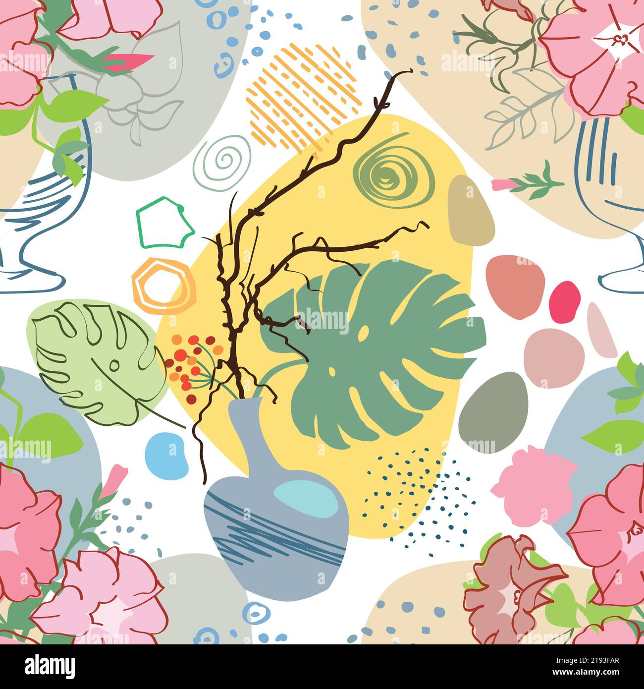 Seamless abstract with vases. Trendy still life collage with pot, plant ...