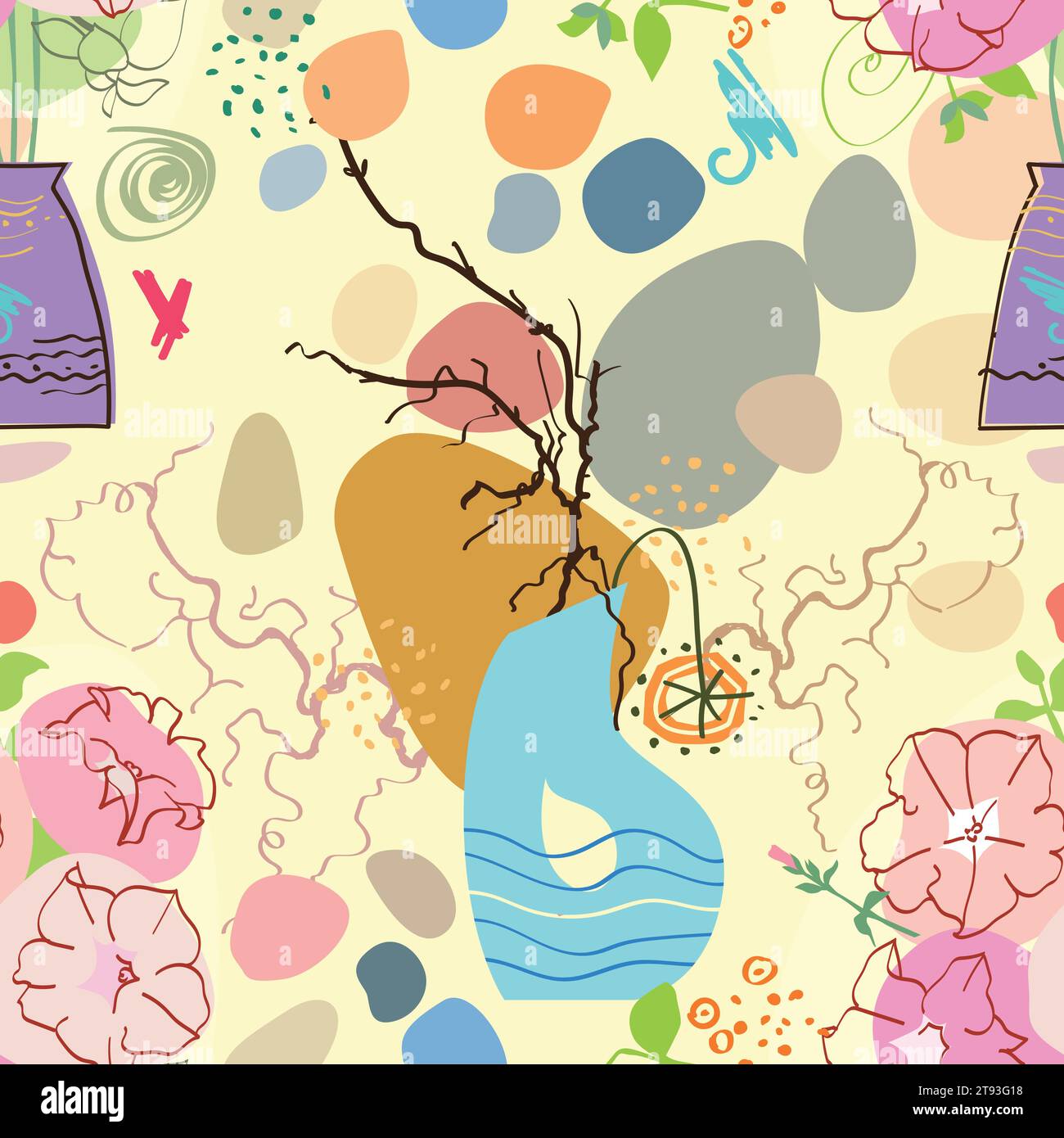 Seamless abstract with vases. Trendy still life collage with pot, plant ...