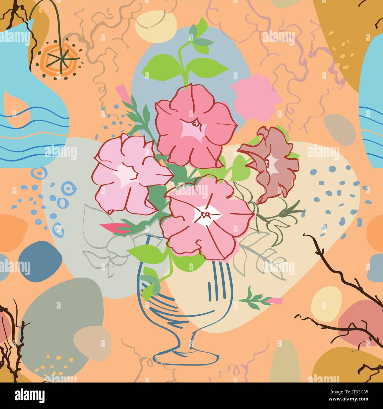 Seamless abstract with vases. Trendy still life collage with pot, plant ...