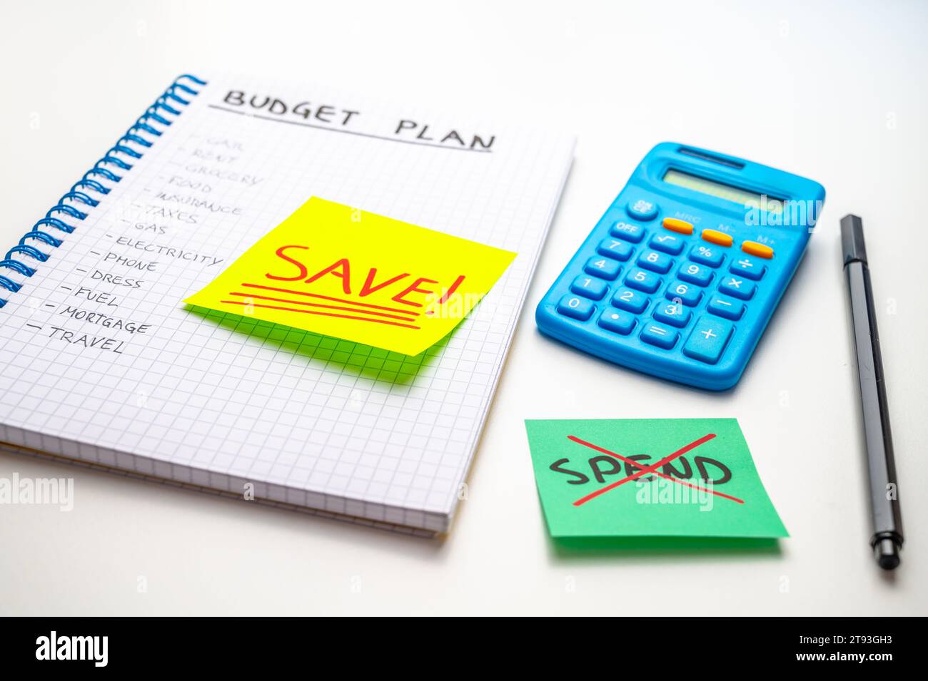 Notebook with budget plan, calculator and Save text. Inflation, price ...
