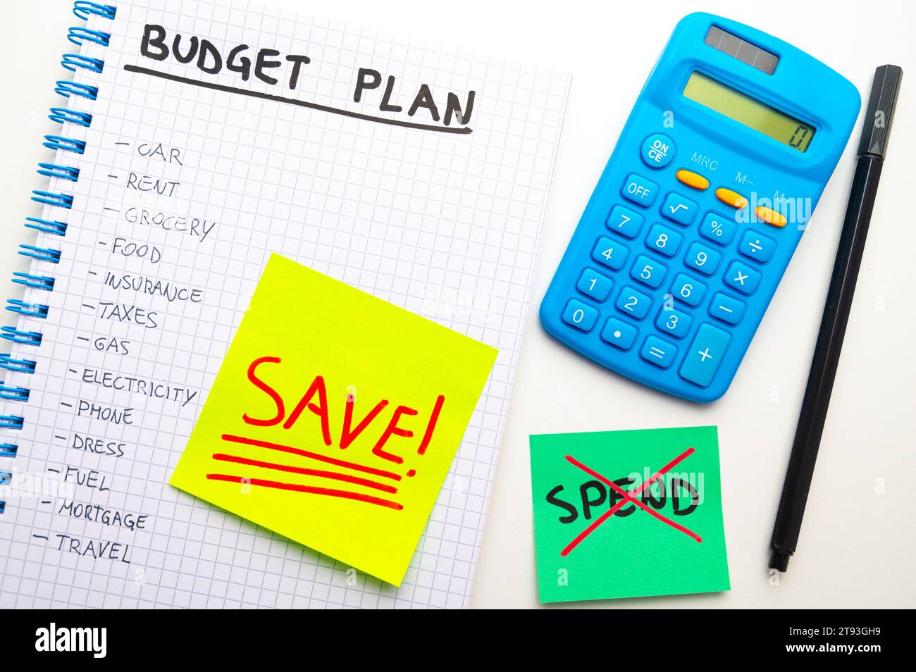 Notebook with budget plan, calculator and Save text. Inflation, price ...