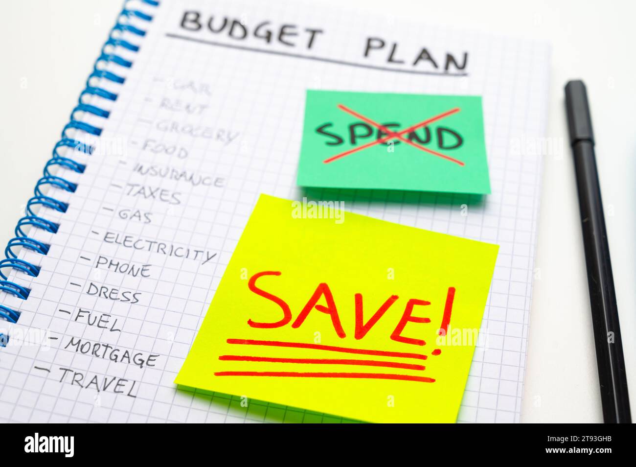 Notebook with budget plan, calculator and Save text. Inflation, price ...