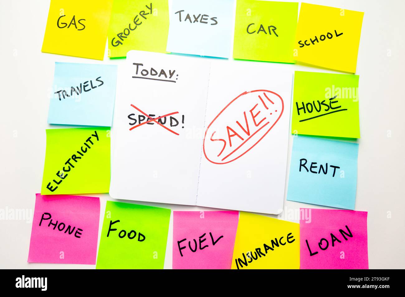 Notebook, with red text "Today save", and next to it colored sticky ...