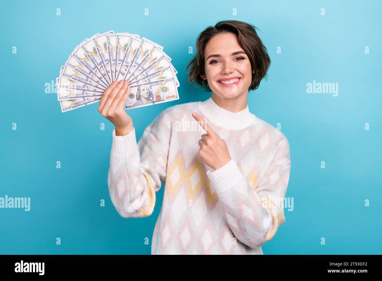 Photo portrait of attractive young woman point money dollars banknotes ...