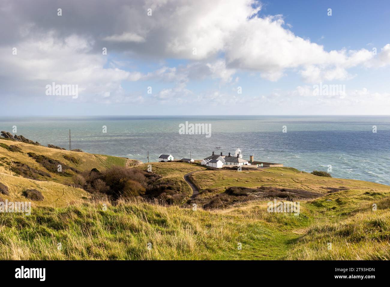 View looking down towards Anvil Point lighthouse, Durlston Country Park ...