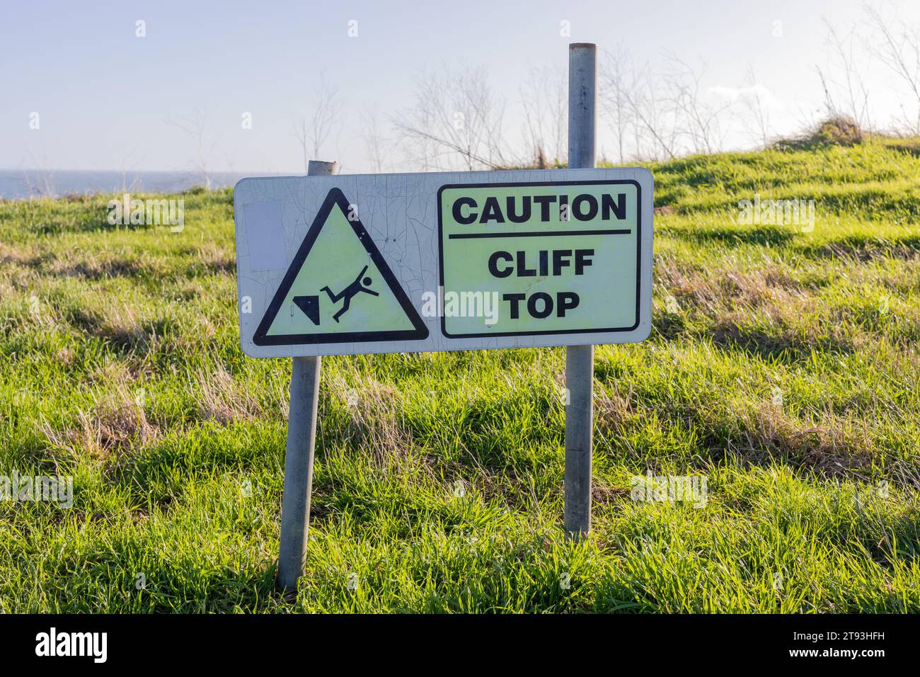 Caution cliff top warning sign, Swanage, Dorset,UK Stock Photo - Alamy